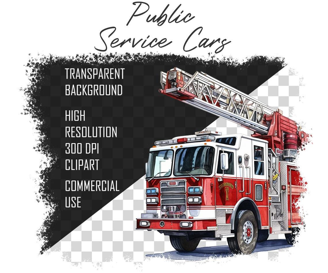 Watercolor Service Cars 30 PNG, Public Service Vehicles Clipart Bundle ...
