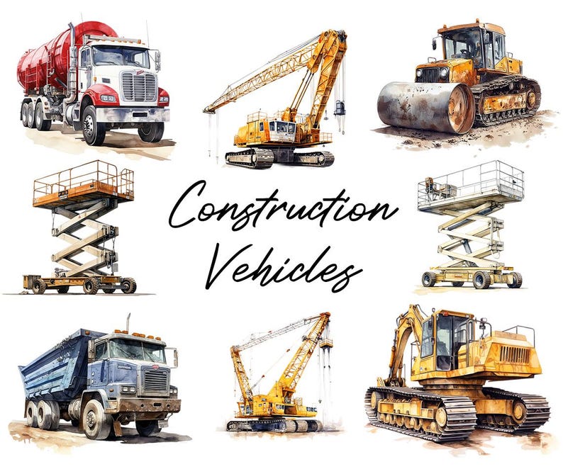 Watercolor Construction Vehicles Clipart - 59 PNG Truck Bundle ...