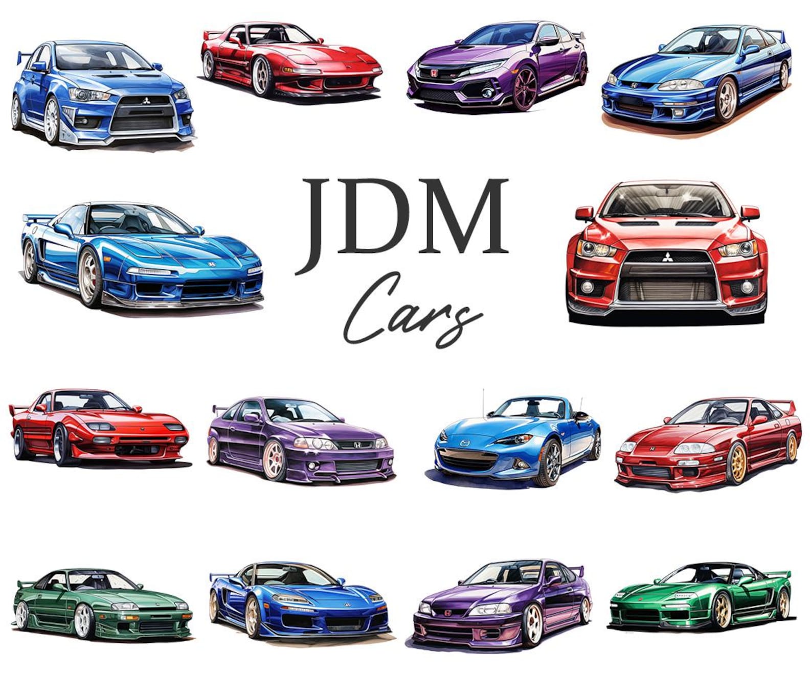 Watercolor JDM Cars 70 PNG, Japanese Tuned Vehicles Clipart Bundle ...