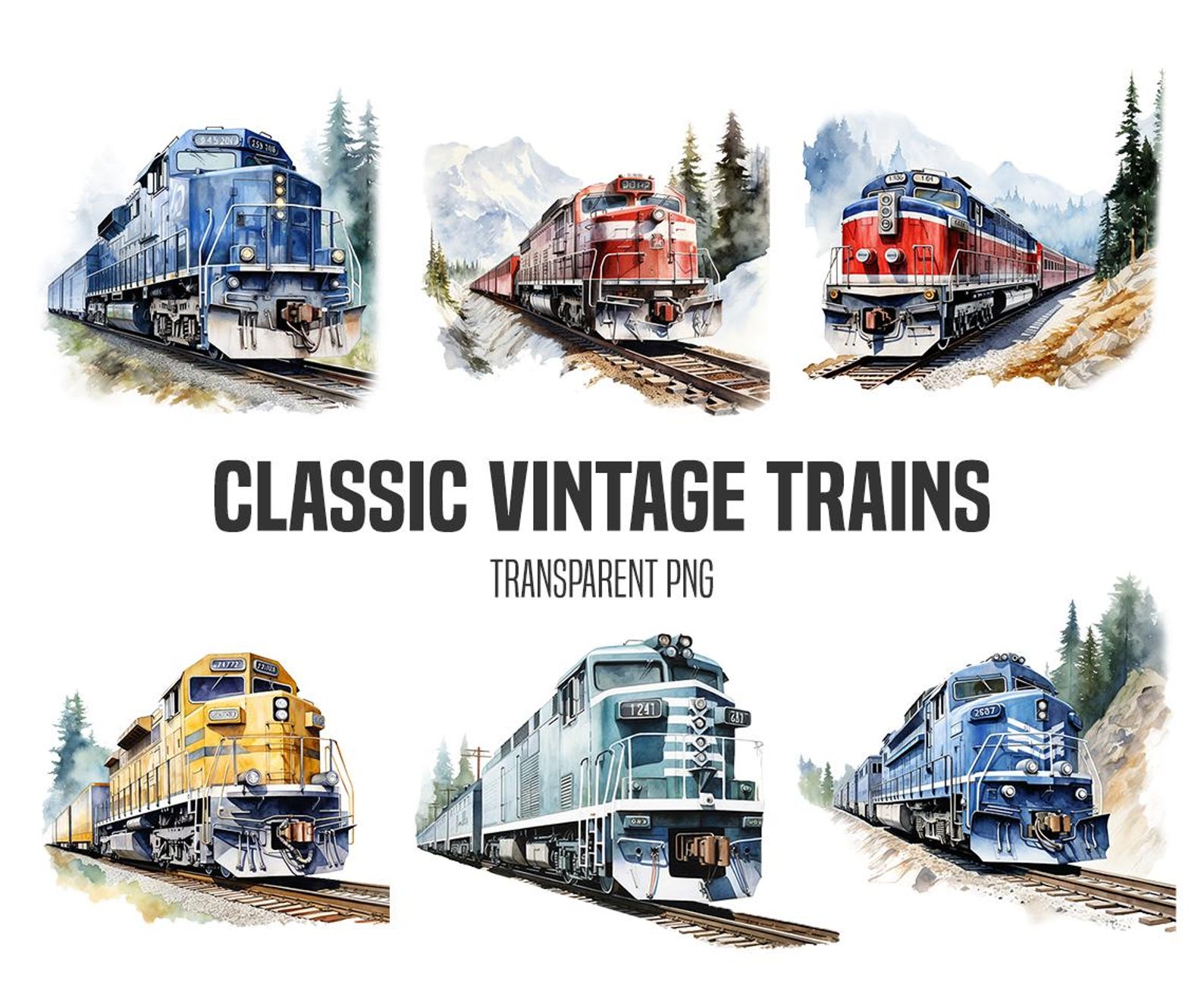 Watercolor Classic Trains 50 PNG, Vintage Train Clipart Bundle, Steam ...