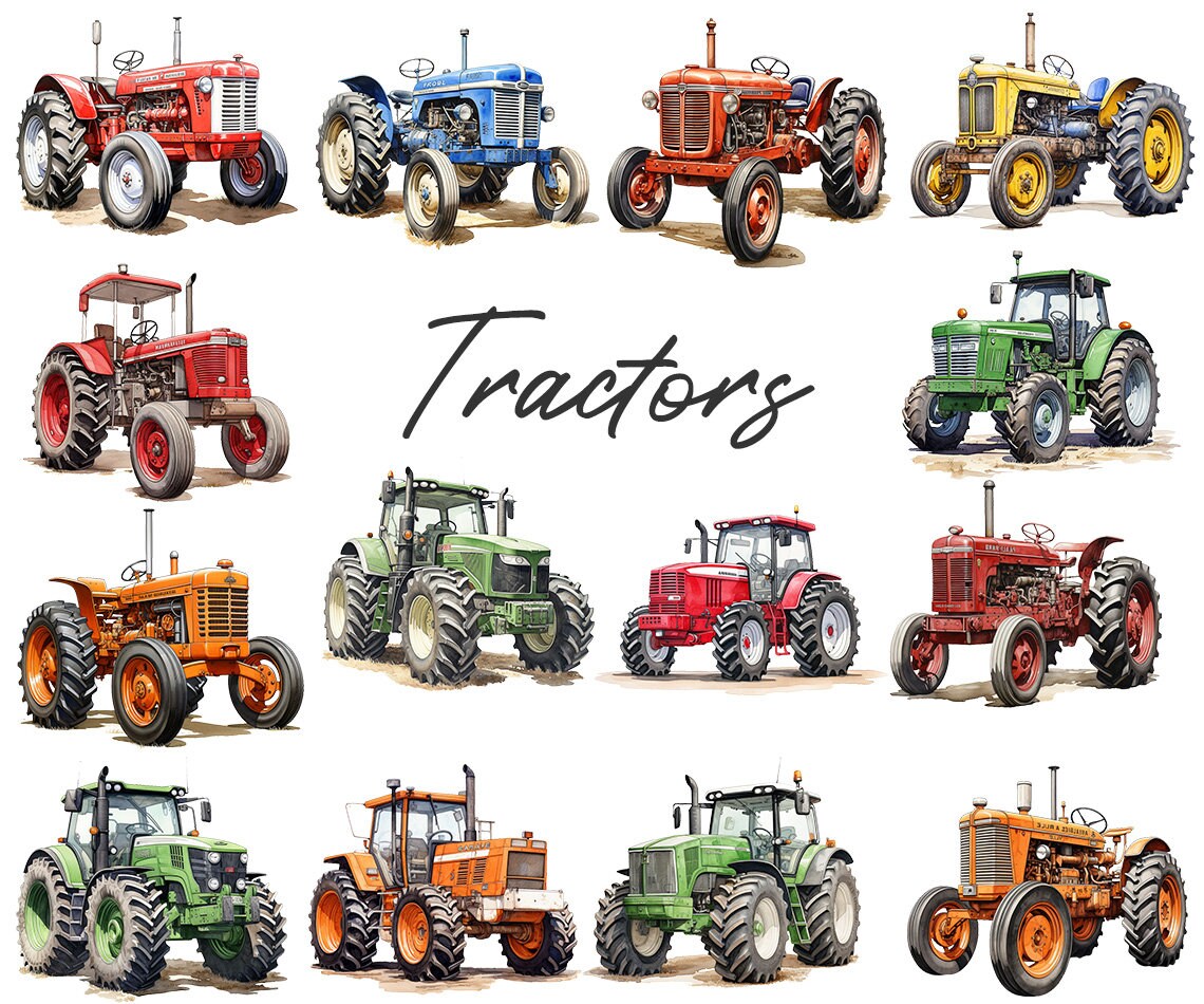 Watercolor Tractors 40 Pngs, Farm Tractors Clipart Bundle, Agricultural ...
