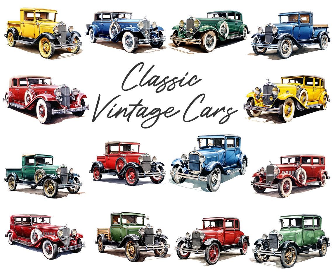 Watercolor Vintage Cars 70 PNG, Classic Vehicles Clipart Bundle, Retro ...