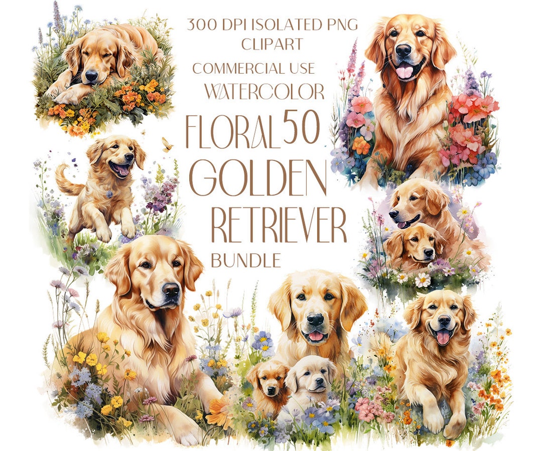 Floral Golden Retriever PNG Clipart Bundle - 50 Watercolor Golden ...