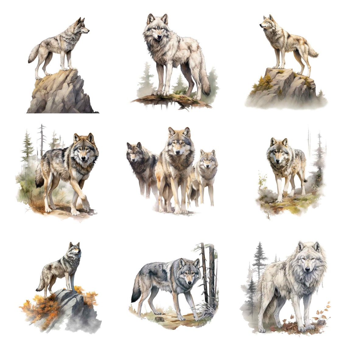 Watercolor Wolf Pack PNG, Wolf Clipart Bundle, Wolf Sublimation Designs ...