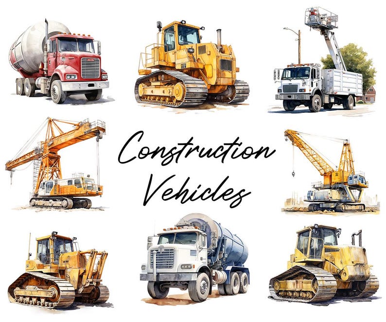 Watercolor Construction Vehicles Clipart - 59 PNG Truck Bundle ...