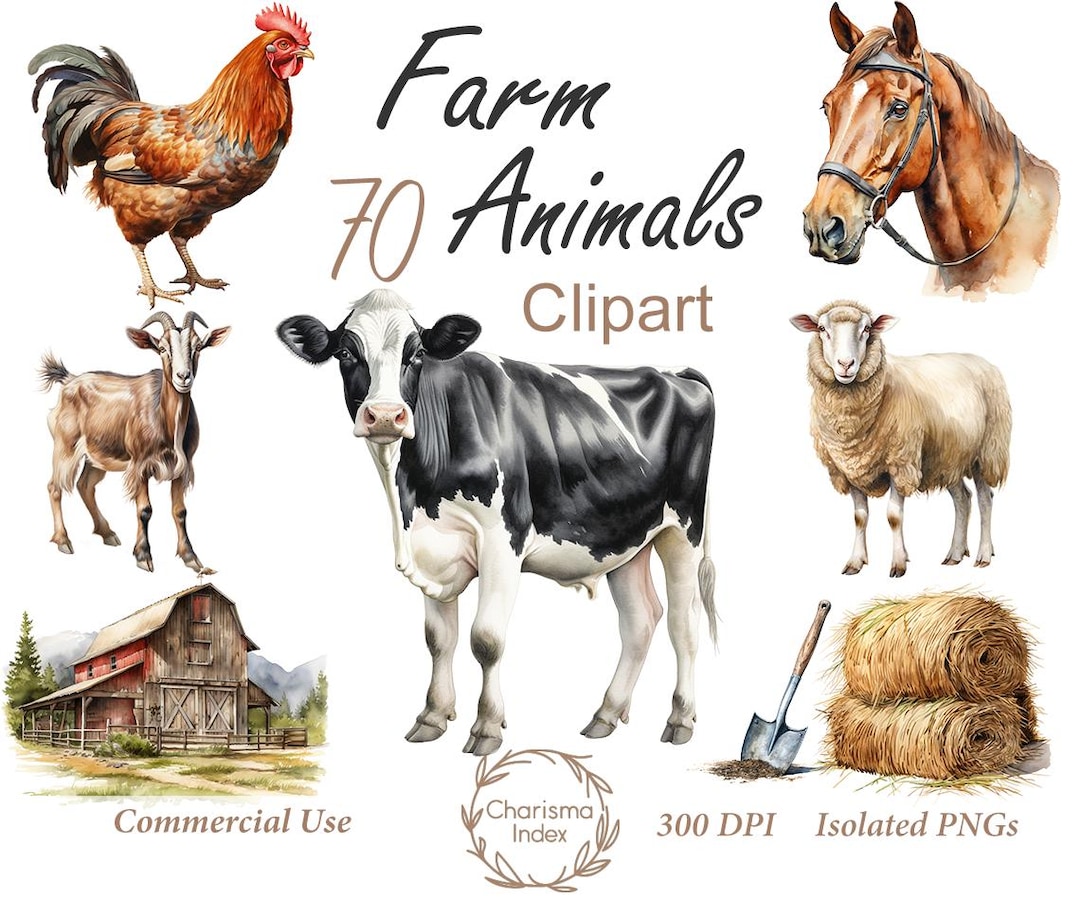Watercolor Farm Animals PNG, Ranch Clipart Bundle, Farm Animals ...