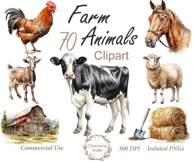 Watercolor Farm Animals PNG, Ranch Clipart Bundle, Farm Animals ...