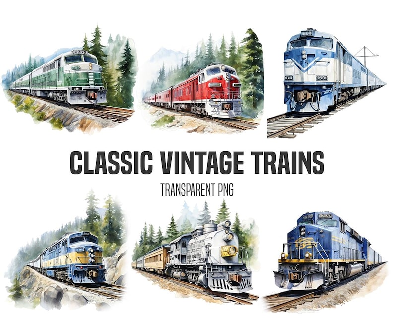 Watercolor Classic Trains 50 PNG, Vintage Train Clipart Bundle, Steam ...