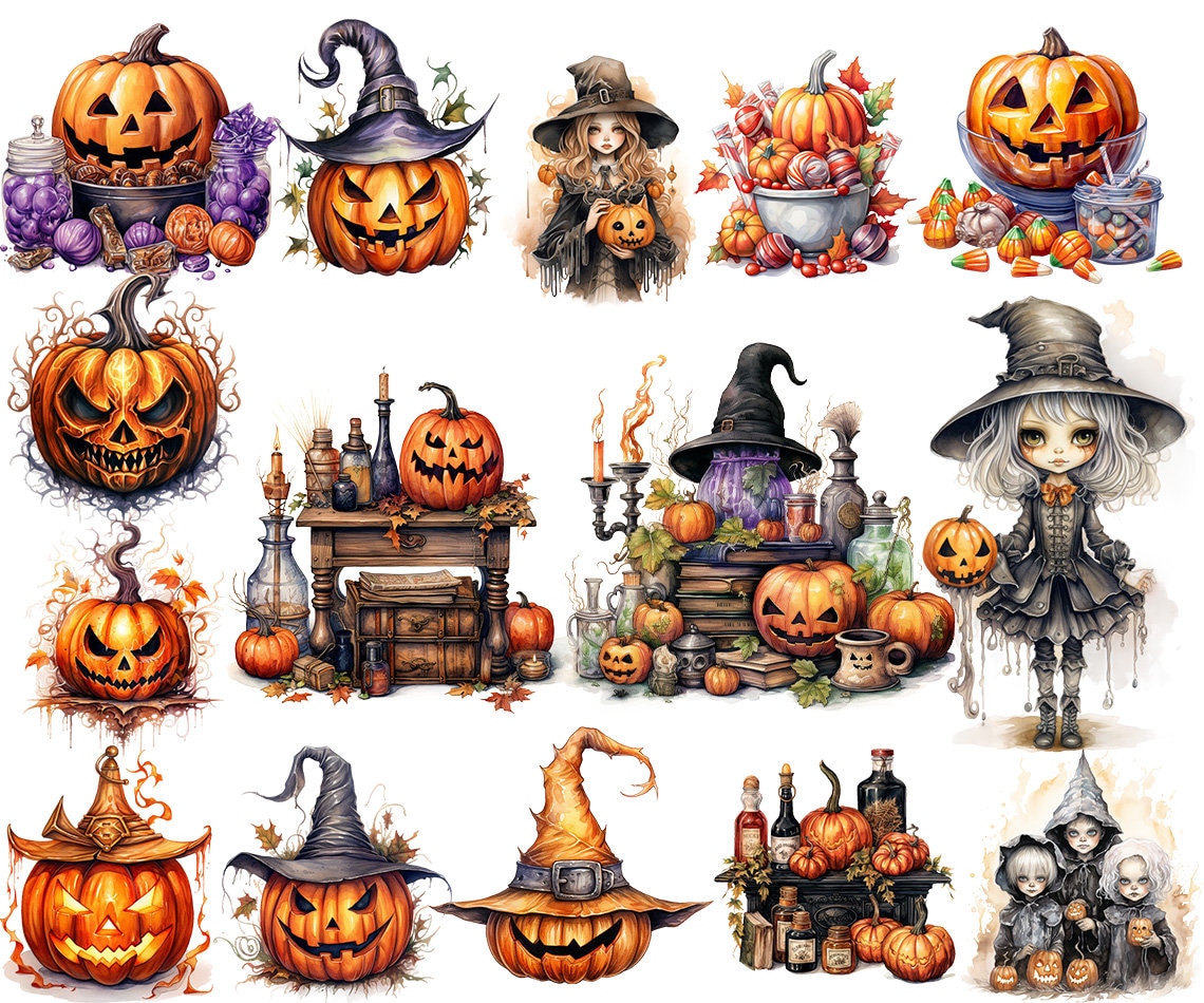 Spooky Halloween PNG Clipart Bundle 100 Watercolor Halloween Designs ...