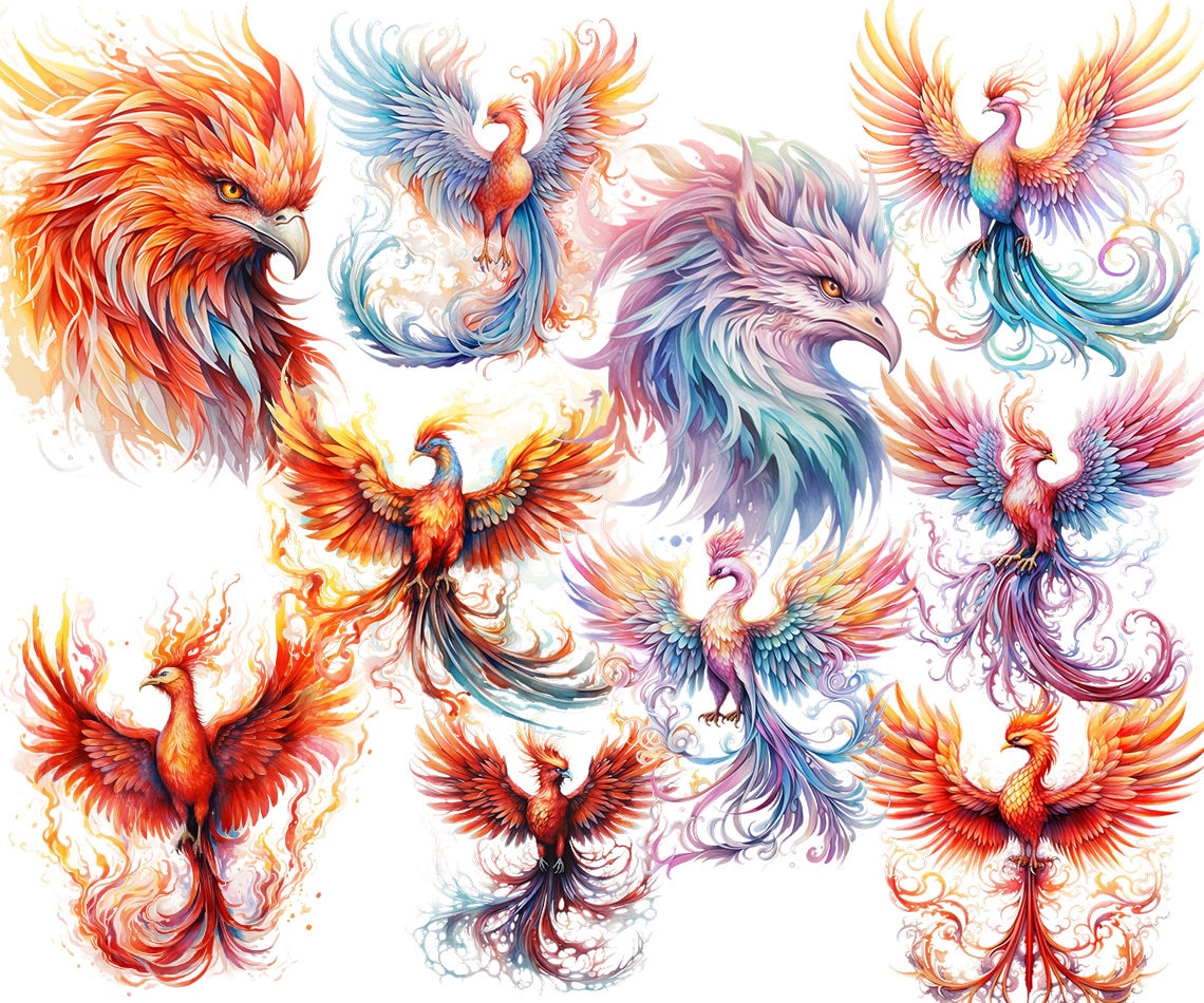 Magical Phoenix Watercolor PNG Set, Mythical Phoenix 30 Clipart Bundle ...