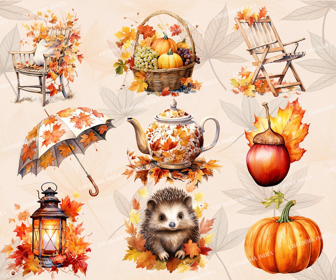 Watercolor Autumn Fall PNG Clipart Bundle Vibrant Autumn Vibes, Fall ...