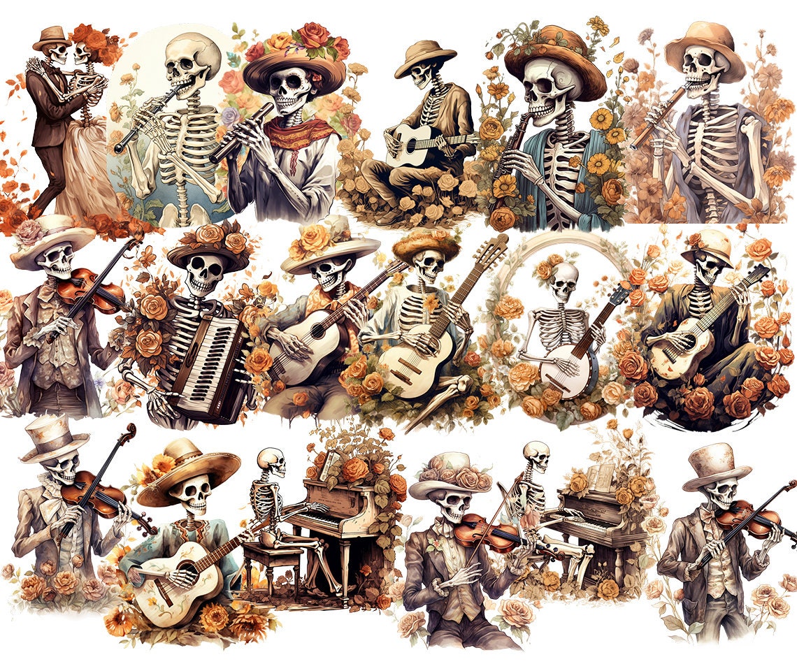 Halloween Skeleton Watercolor Retro Clipart Bundle, Halloween Party ...