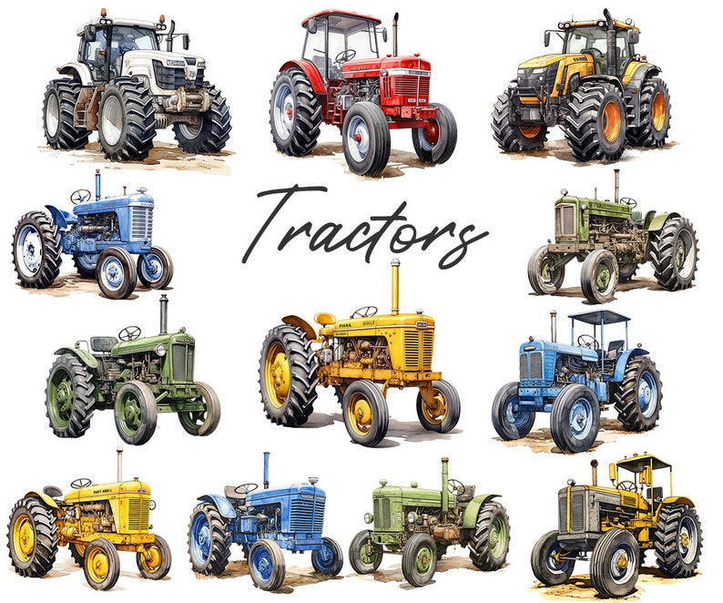 Watercolor Tractors 40 Pngs, Farm Tractors Clipart Bundle, Agricultural ...