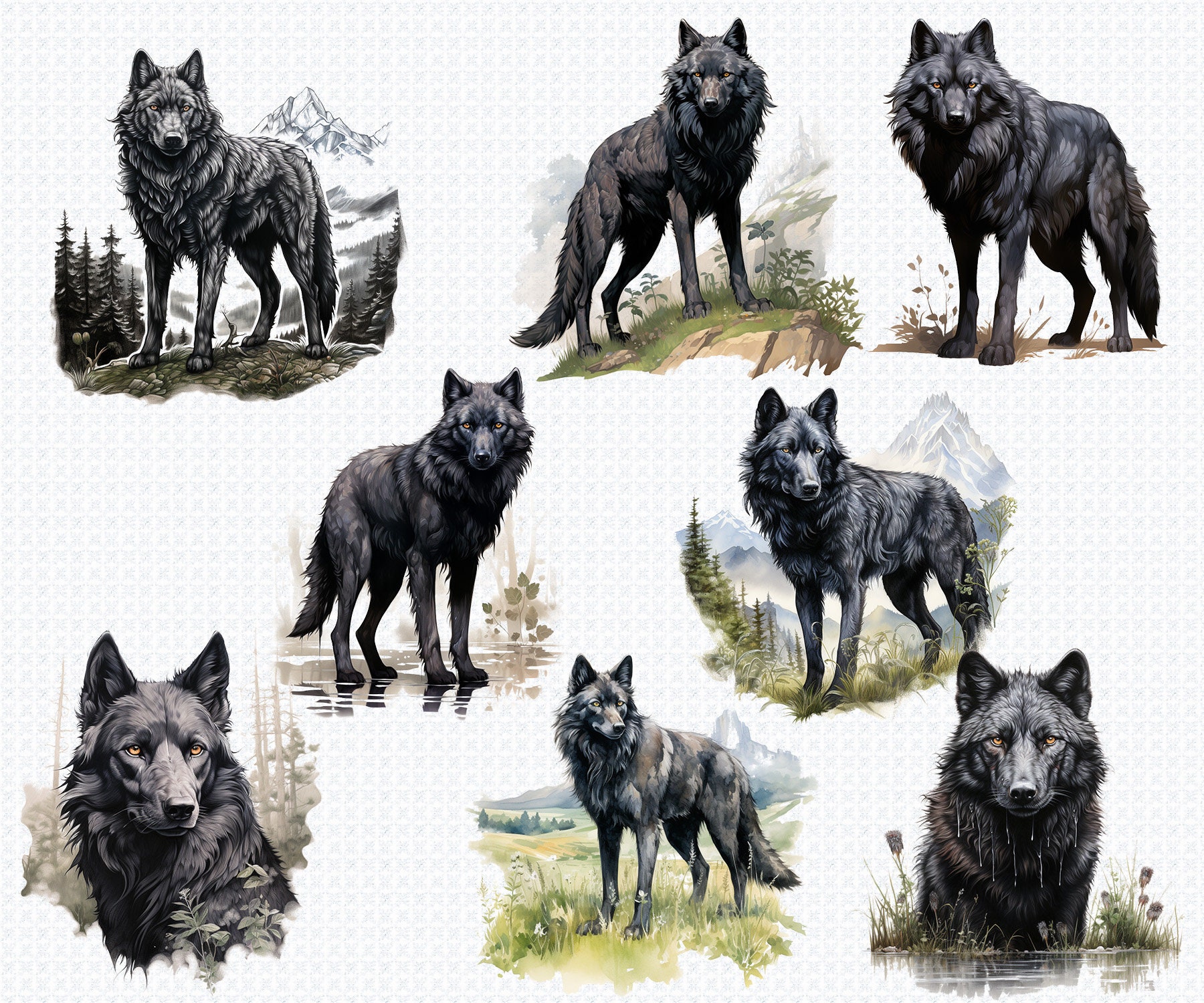 Watercolor Gray Wolf Pack PNG, Wolf Clipart Bundle, Wolf Sublimation ...