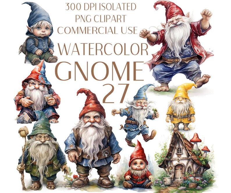 Magical Gnome Watercolor PNG Set, Mythical Gnomes of 27 Clipart Bundle ...
