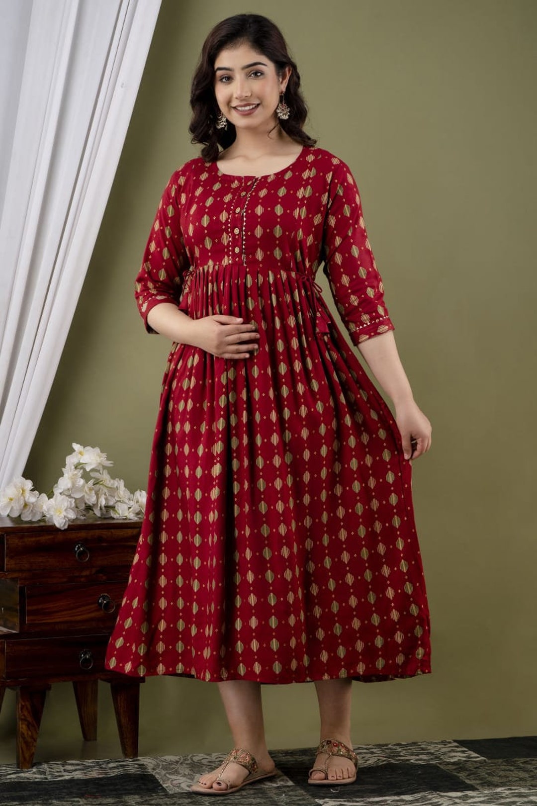 Maternity 3 4th Sleeve Flared Gown Red Maternity Casual Dress T For
