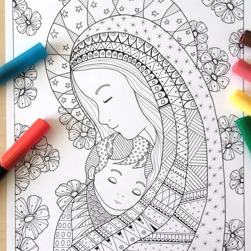 Virgin Mary With the Baby Jesus Coloring Page for Adults JPG - Etsy