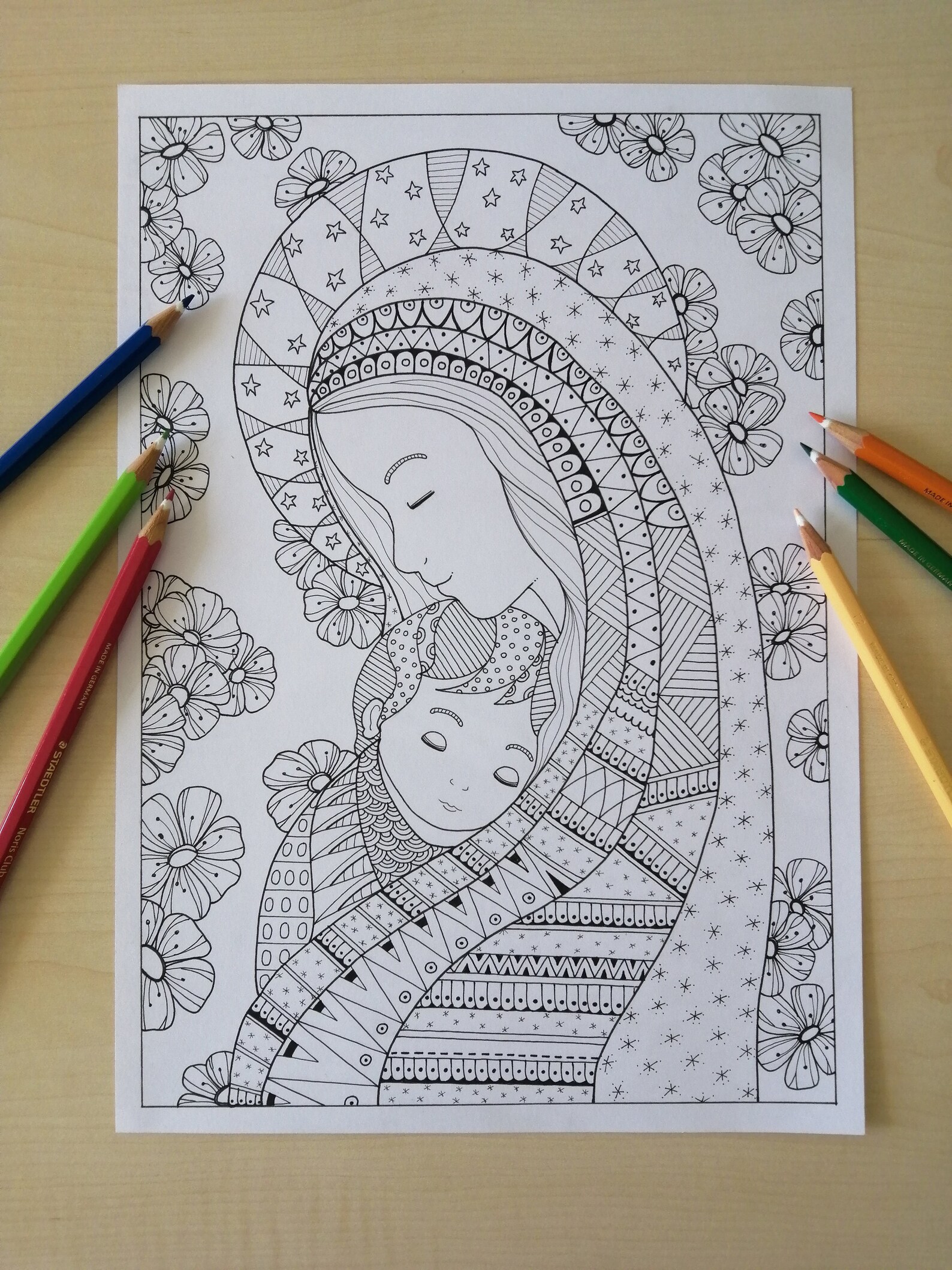 Virgin Mary with the Baby Jesus Coloring page for adults JPG | Etsy