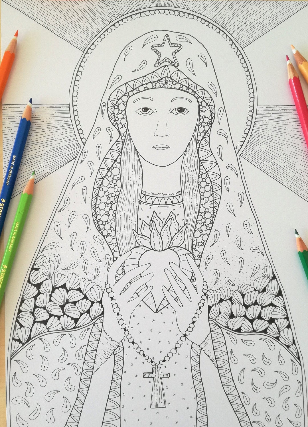 Mary's Immaculate Heart Coloring Page for Adult Printable Catholic ...