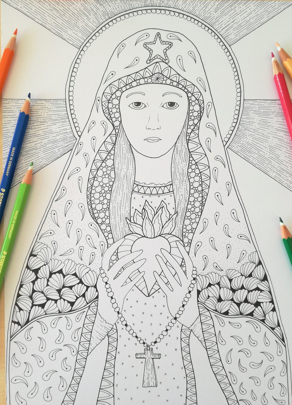 Mary's Immaculate Heart Coloring Page for Adult Printable Catholic ...