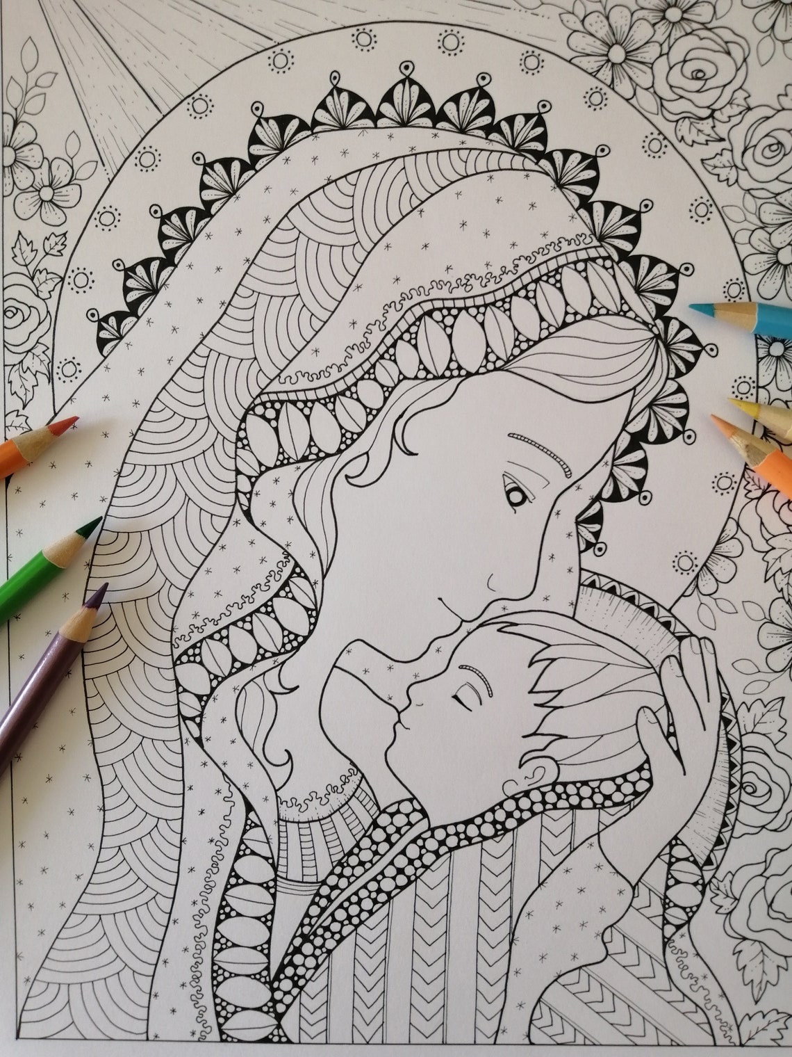 Virgin Mary With the Baby Jesus - Coloring Page for Adults, Instant ...