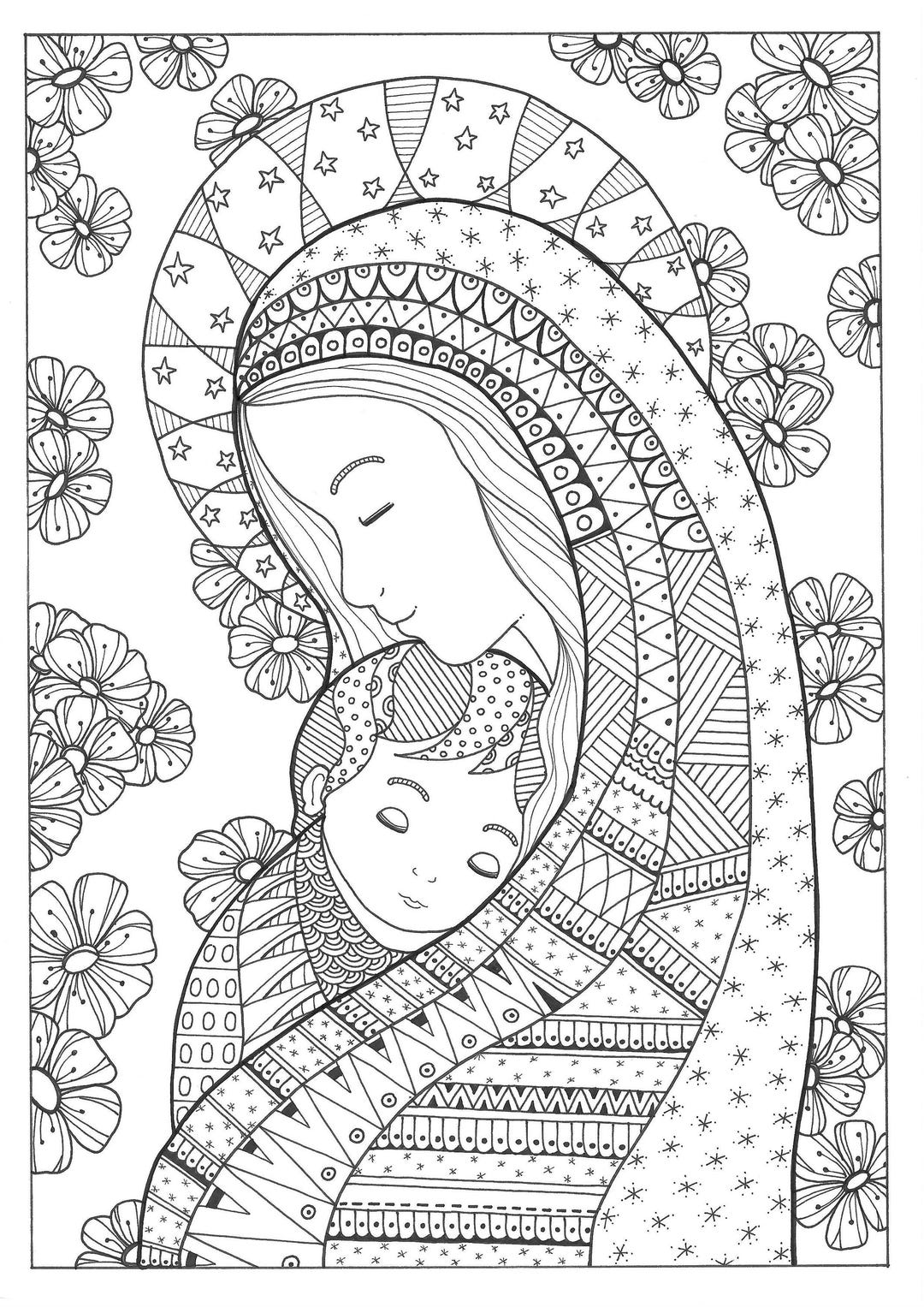 Virgin Mary With Jesus. Printable Coloring Page. Instant Download ...