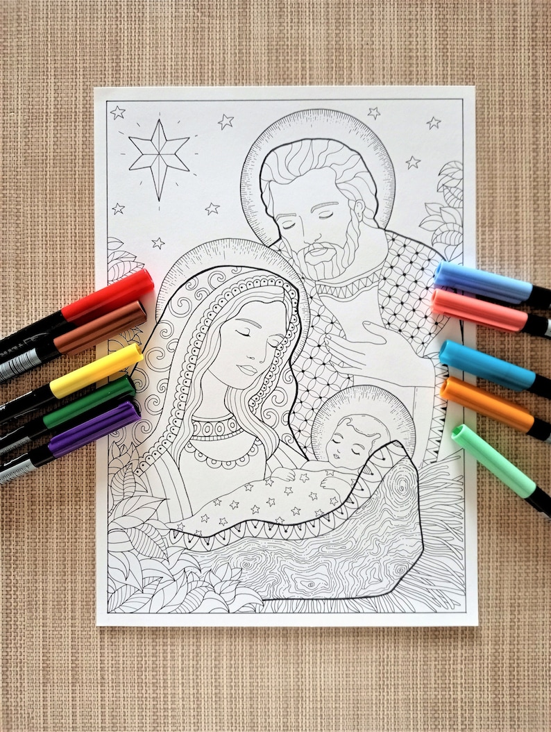 Mary Joseph and Jesus. Printable Coloring Page. PDF JPEG From ...