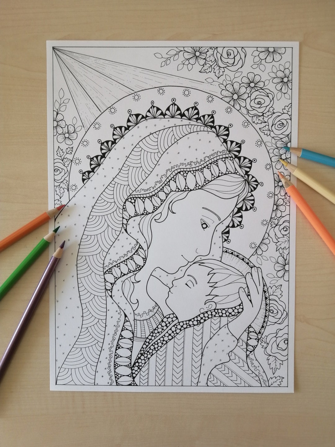 Virgin Mary With the Baby Jesus - Coloring Page for Adults, Instant ...