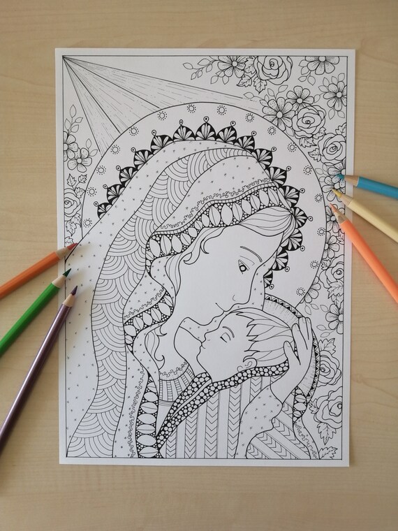 Virgin Mary With the Baby Jesus Coloring Page for Adults - Etsy