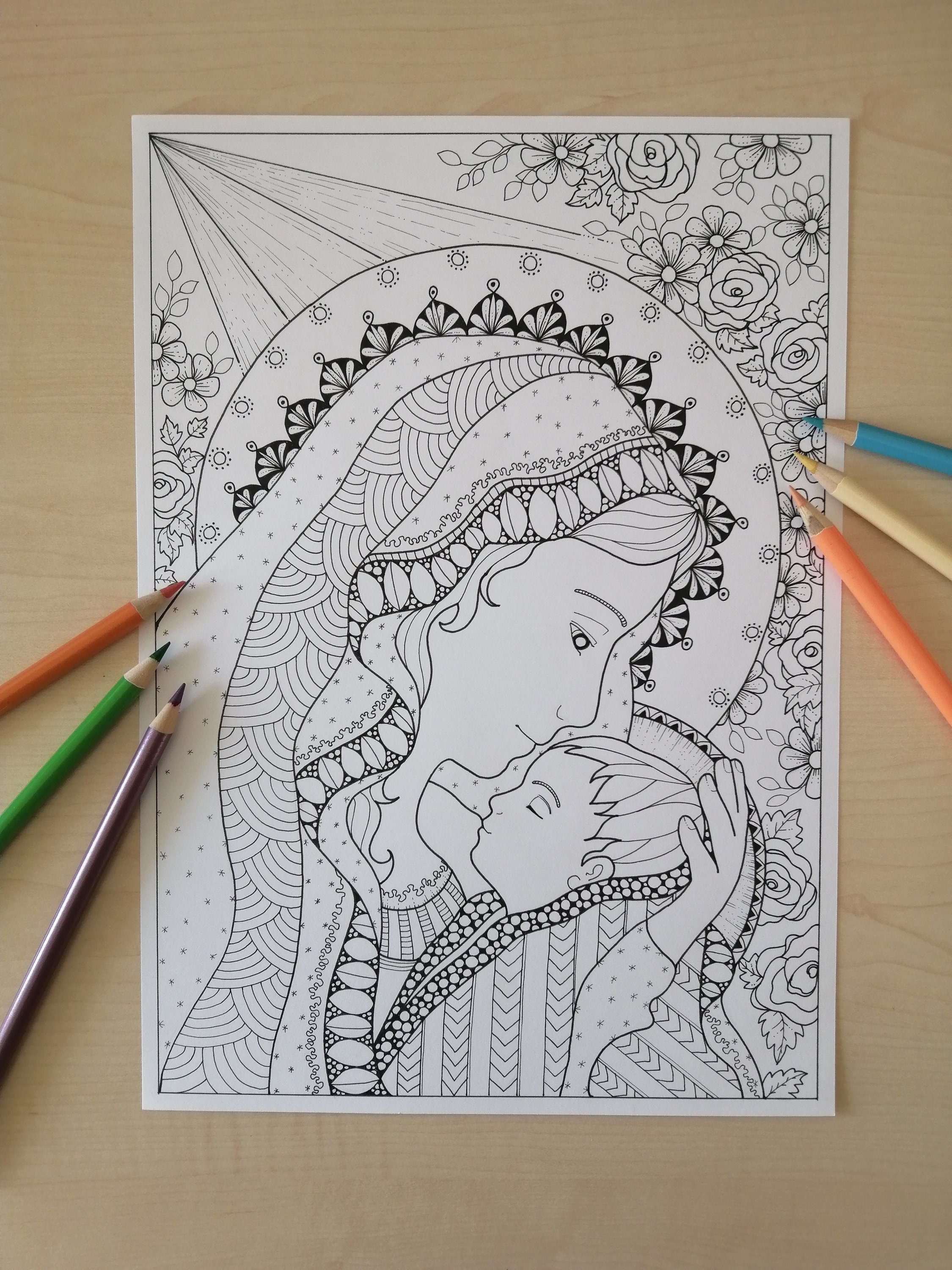 Virgin Mary With the Baby Jesus. Coloring Page for Adults. Instant ...