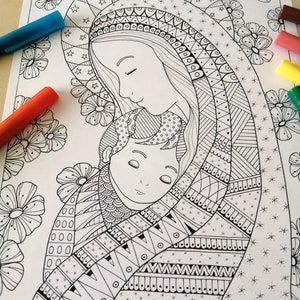 Virgin Mary With the Baby Jesus Coloring Page for Adults, JPG Printable ...