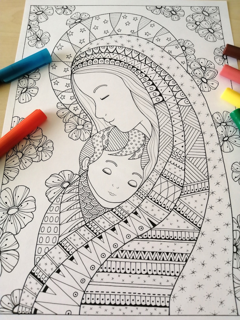 Virgin Mary With the Baby Jesus Coloring Page for Adults JPG - Etsy