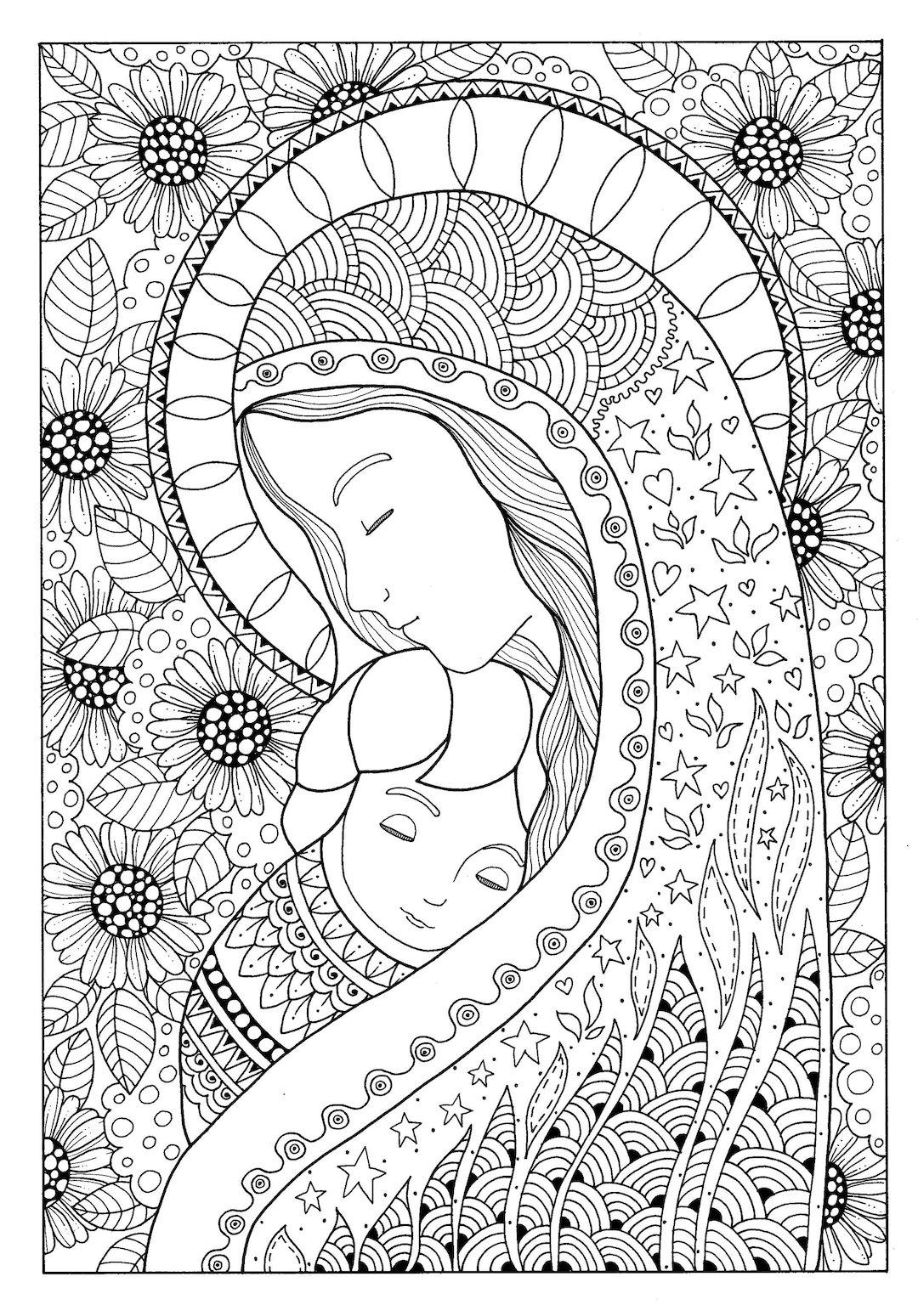 Virgin Mary With the Baby Jesus. Coloring Page for Adults. Instant ...