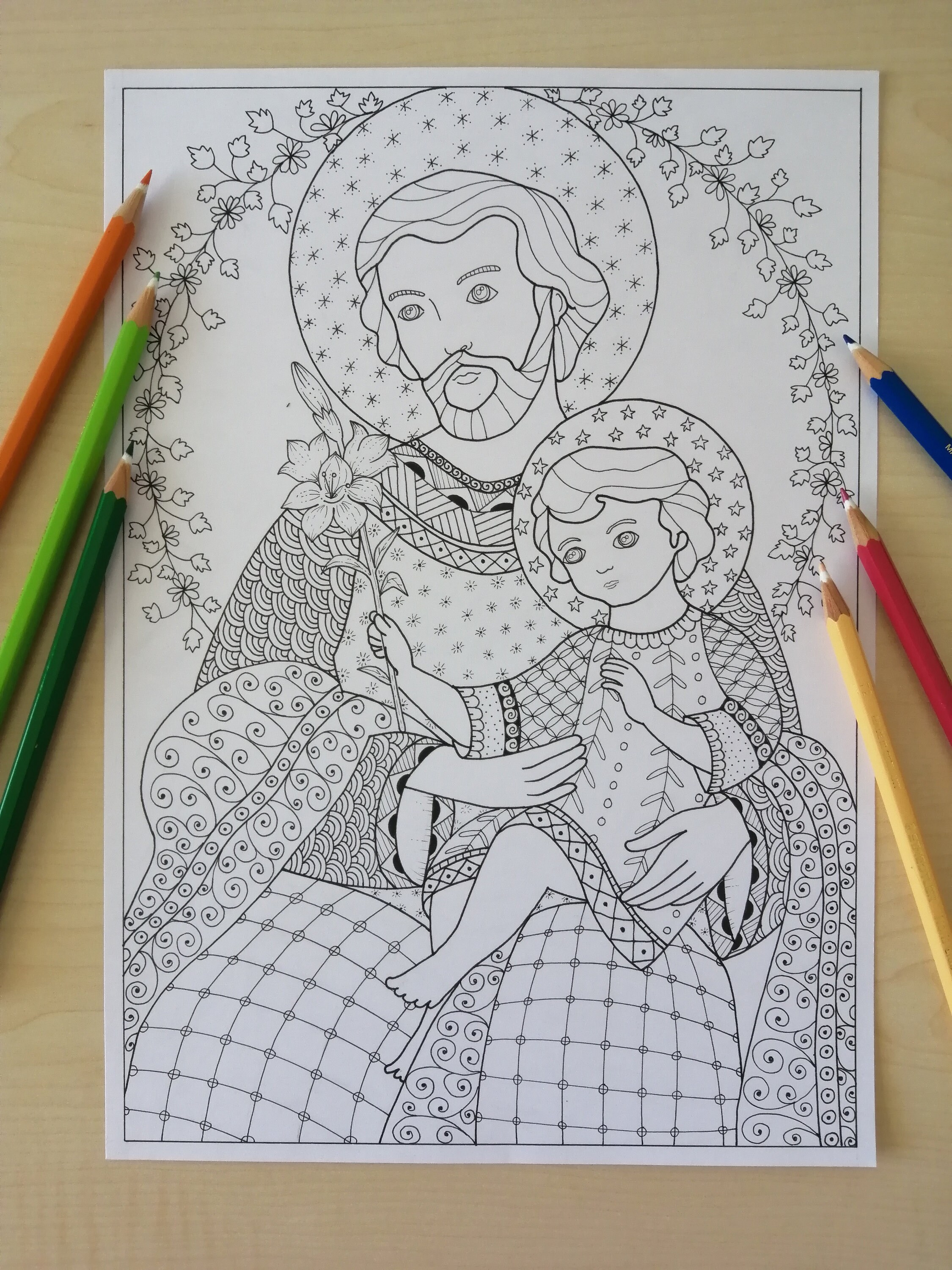 St. Joseph and Child Jesus Coloring Page for Adults Printable ...