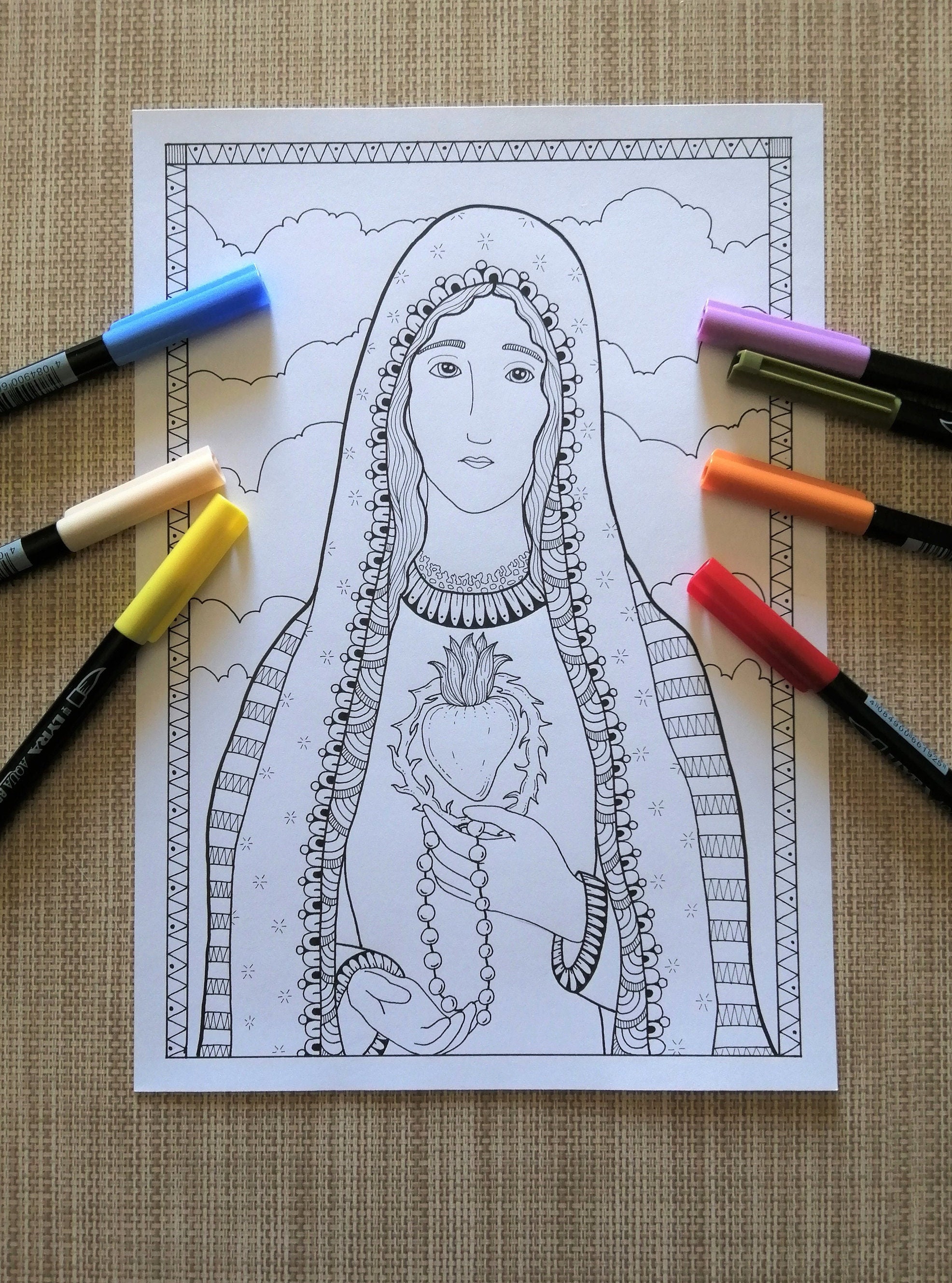 Immaculate Heart of Mary. Coloring Page for Adults. Instant Download - Etsy