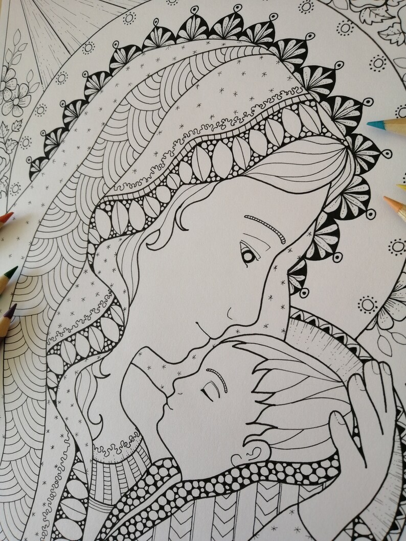 Virgin Mary With the Baby Jesus. Coloring Page for Adults. Instant ...