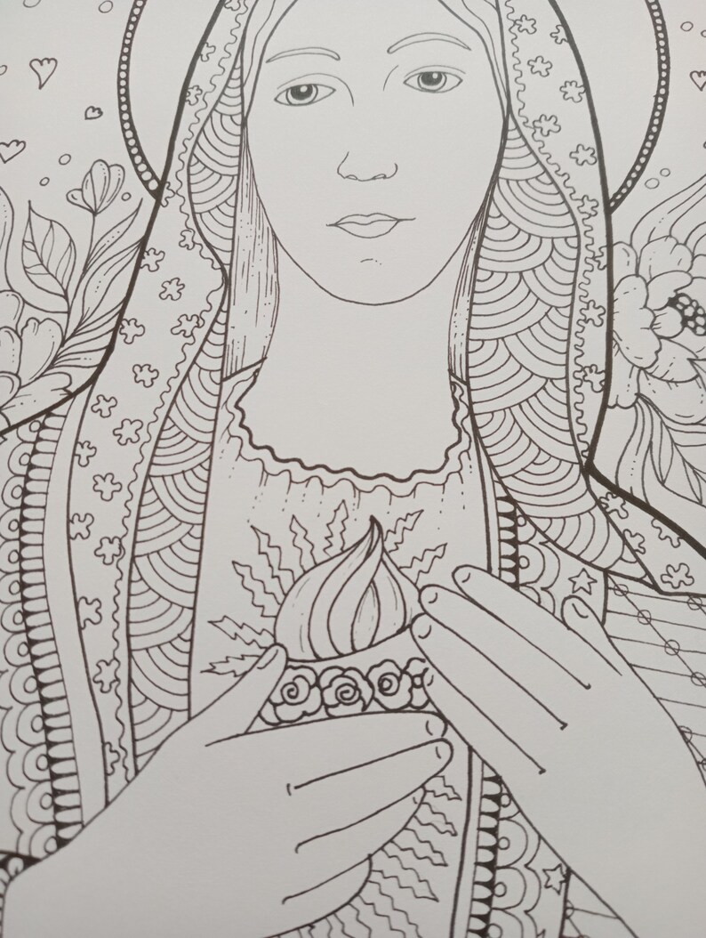 Immaculate Heart of Mary Coloring page for adults Instant download JPG ...