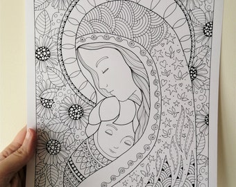 Virgin Mary With the Baby Jesus Coloring Page for Adults | Etsy