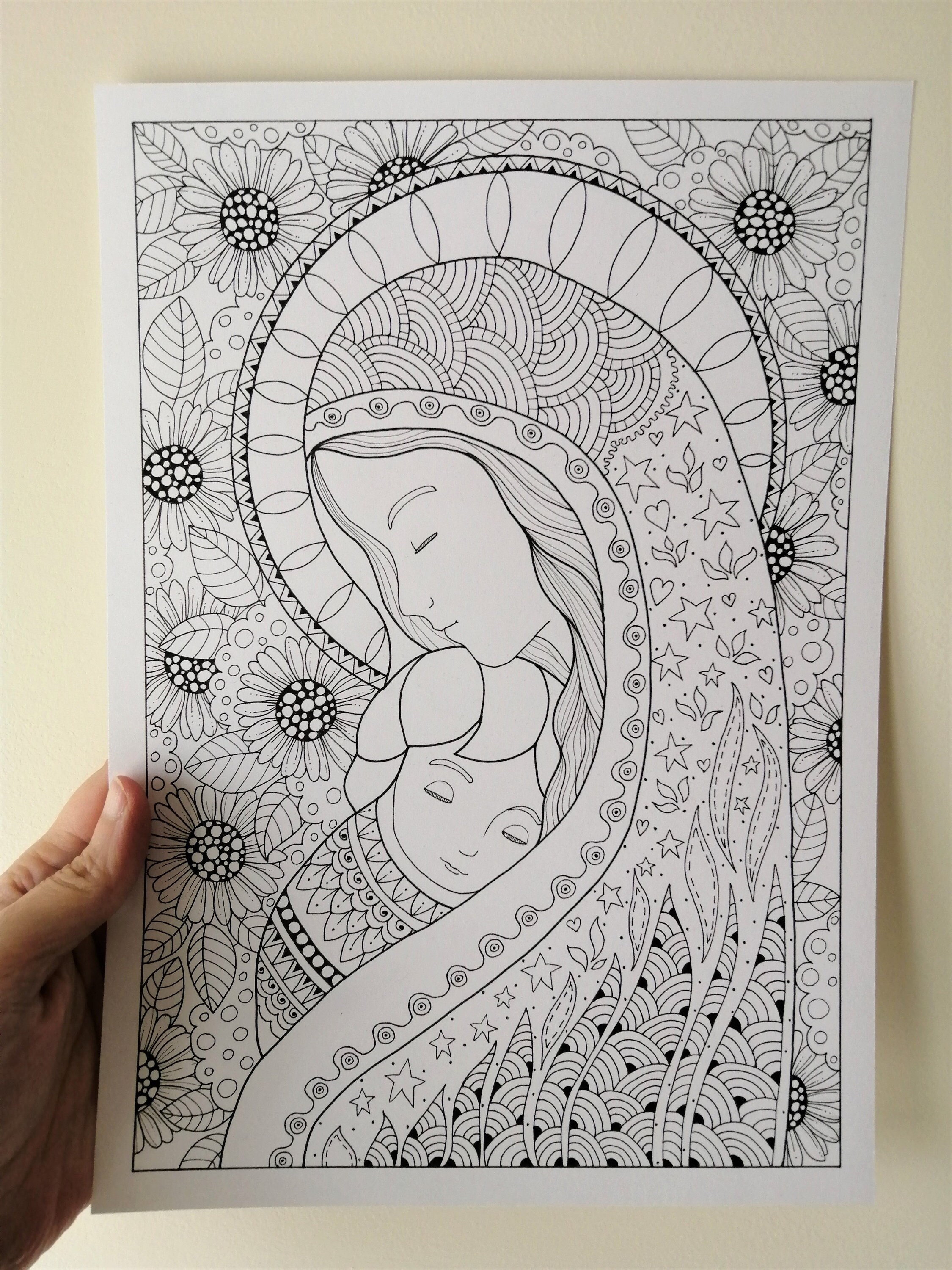 Virgin Mary With the Baby Jesus Coloring Page for Adults, Instant ...