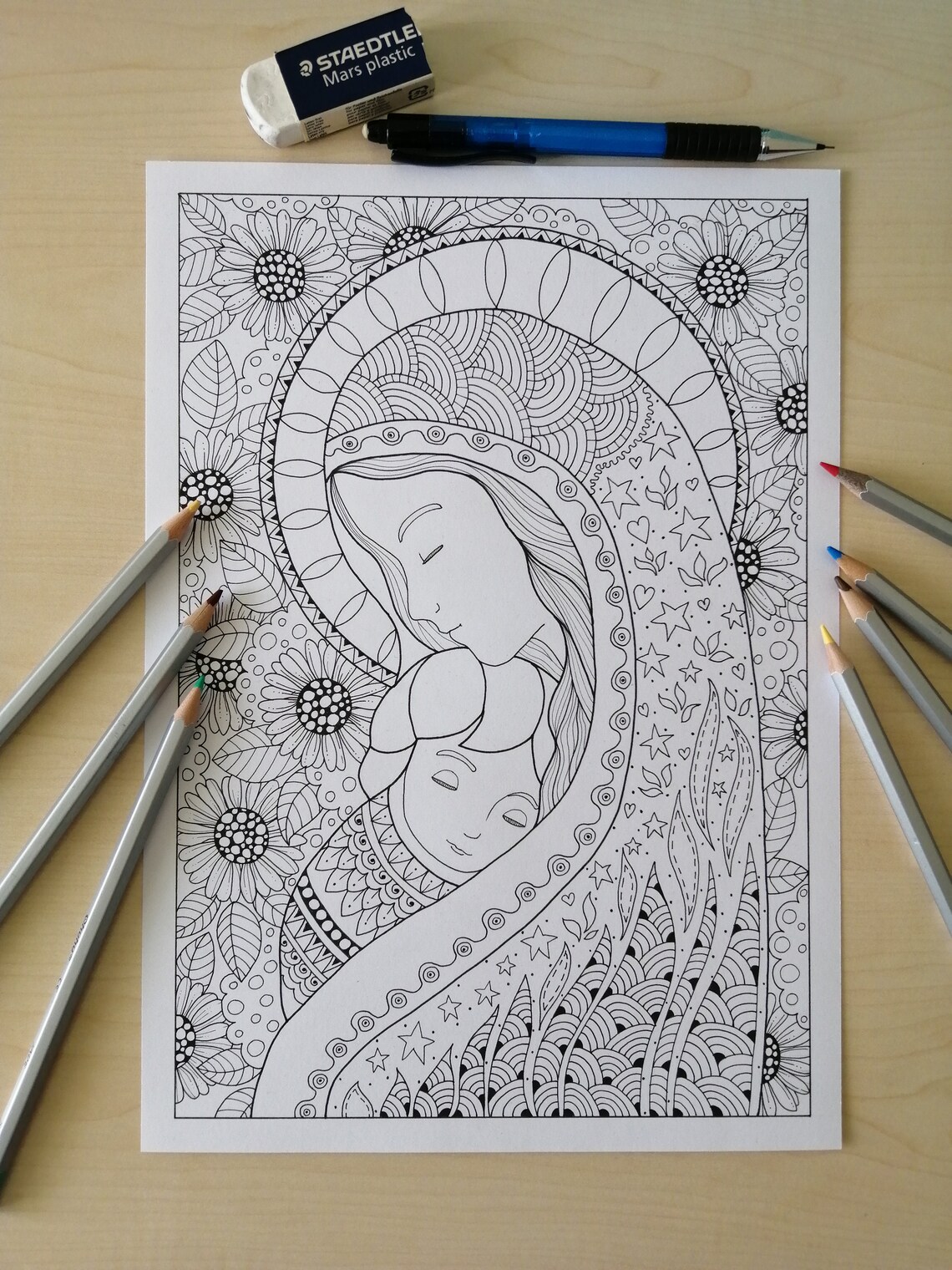 Virgin Mary With the Baby Jesus. Coloring Page for Adults. Instant ...