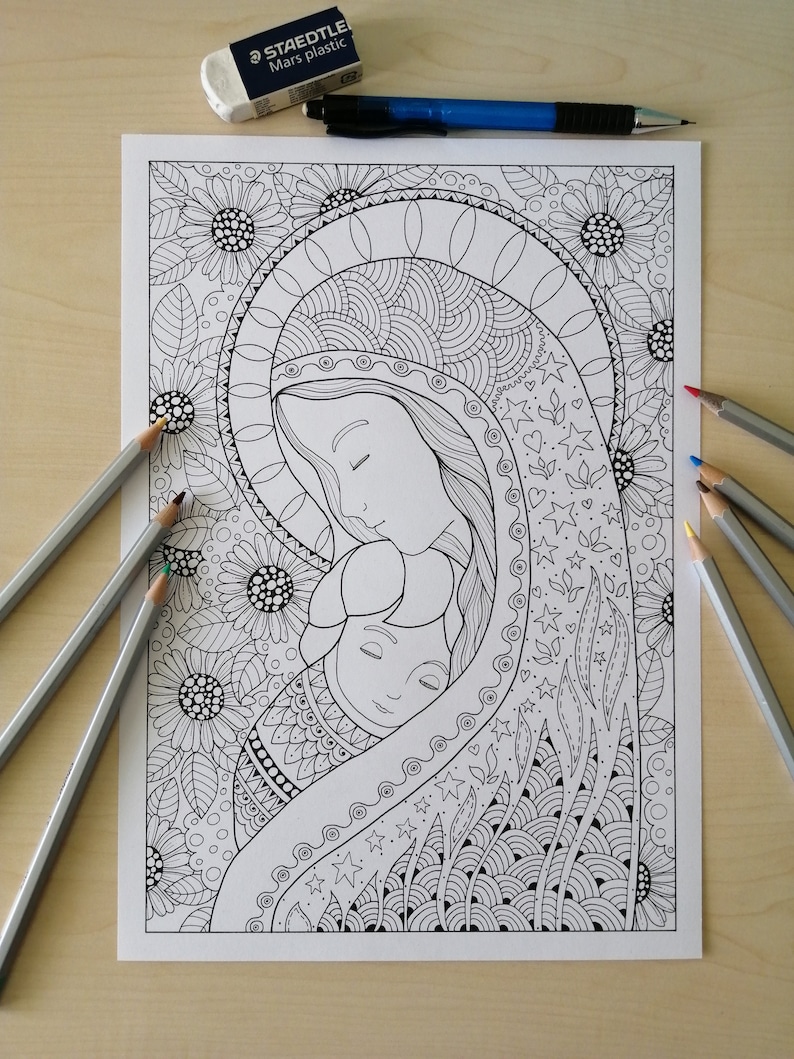 Virgin Mary With the Baby Jesus. Coloring Page for Adults. Instant ...