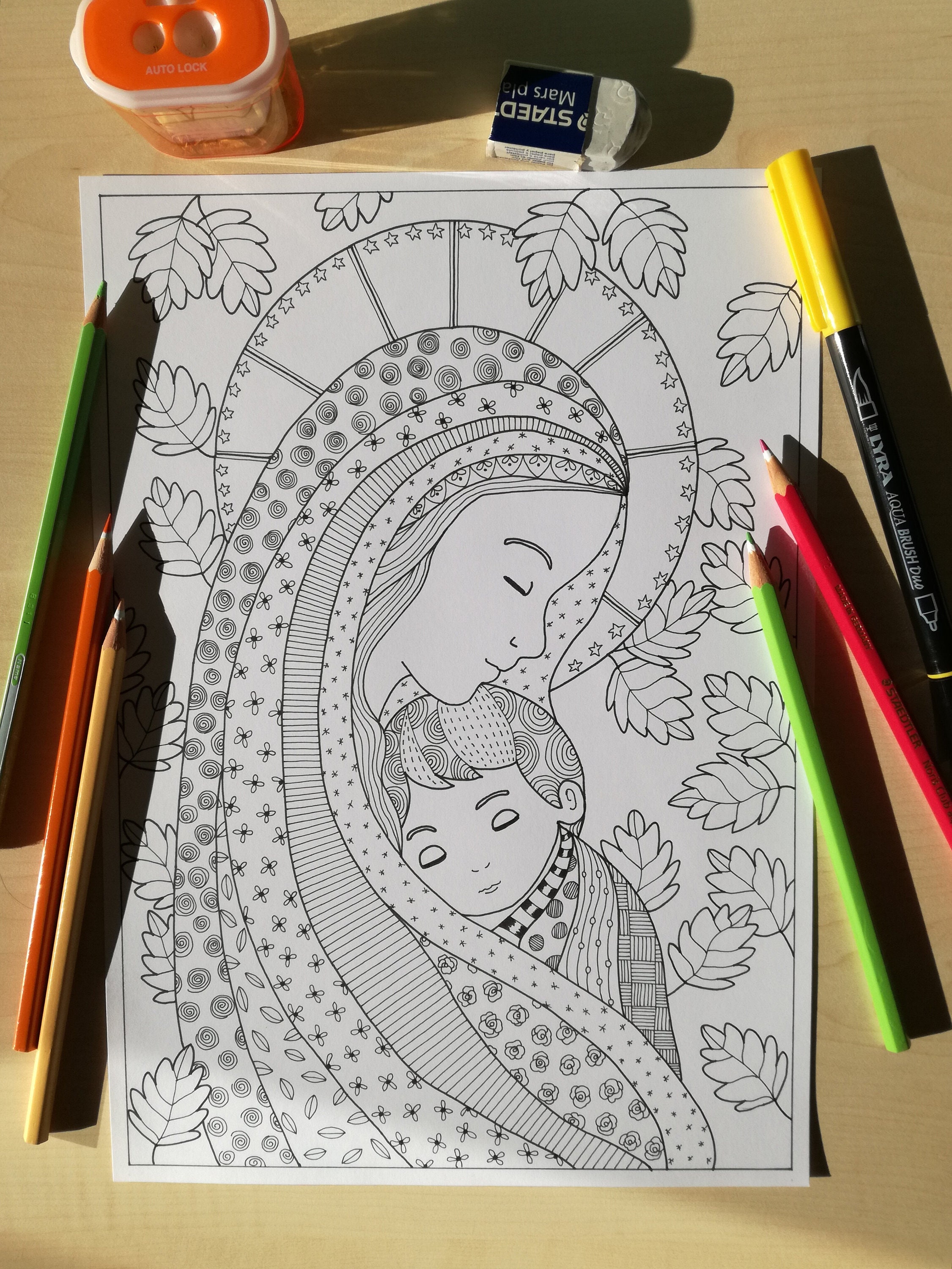 Virgin Mary With the Baby Jesus. Coloring Page for Fun. Instant ...
