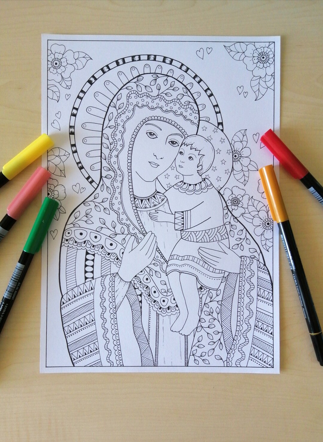 Virgin Mary With Child. Instant Download. PDF. Catholic Coloring Page ...