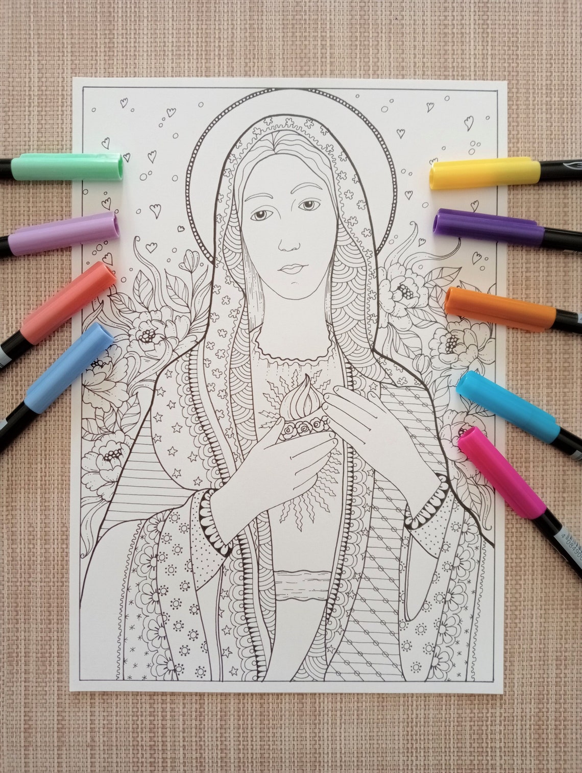 Immaculate Heart of Mary Coloring page for adults Instant - Etsy Italia