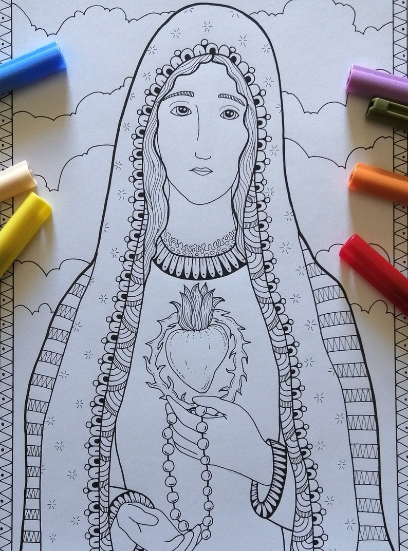 Immaculate Heart of Mary. Coloring Page for Adults. Instant Download - Etsy