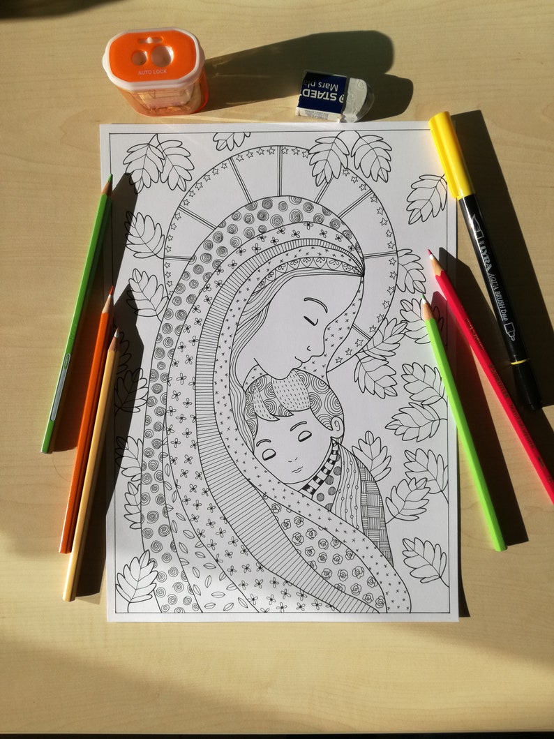 Virgin Mary With the Baby Jesus. Coloring Page for Fun. Instant ...