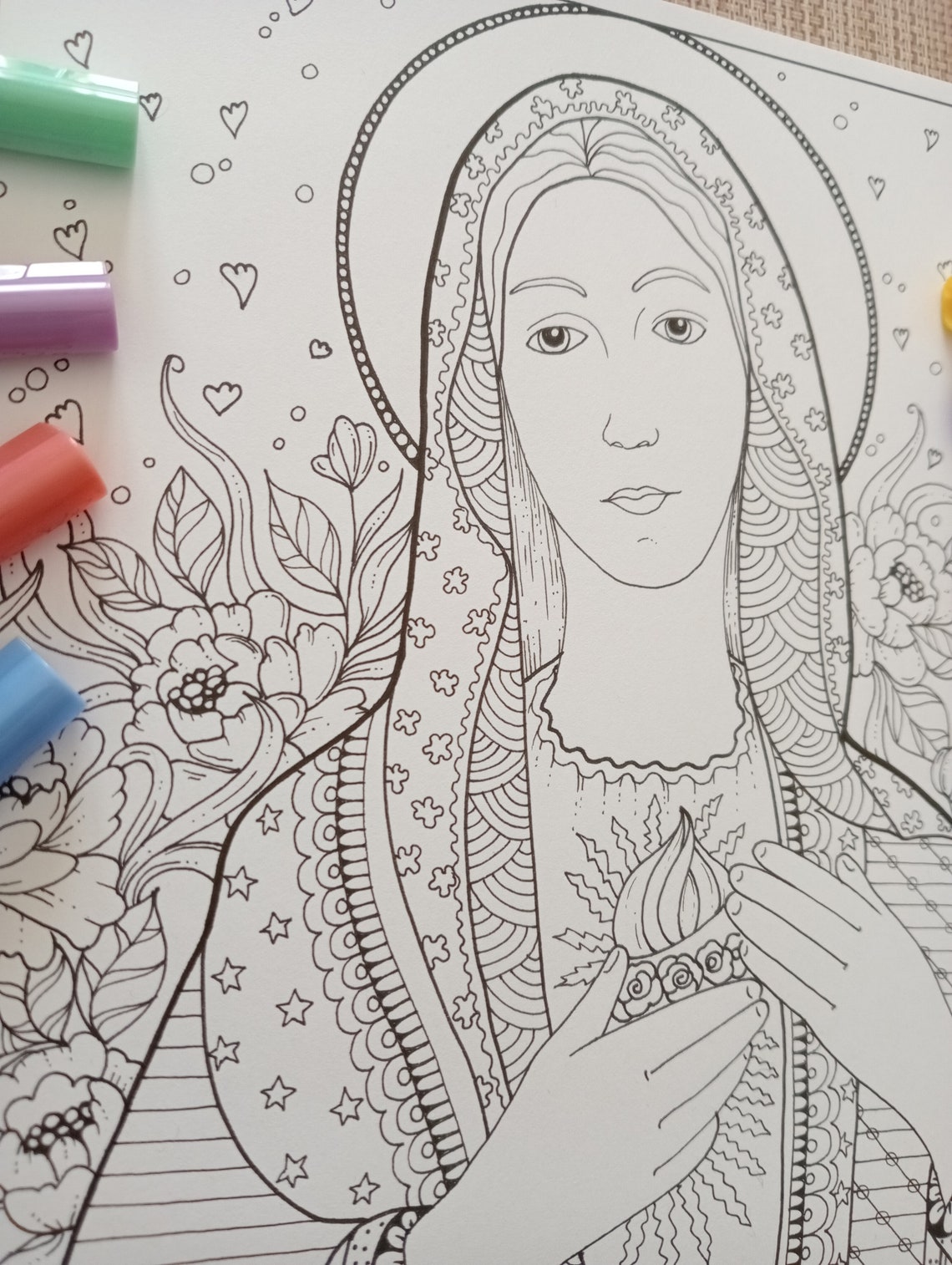 Immaculate Heart of Mary Coloring page for adults Instant - Etsy Italia
