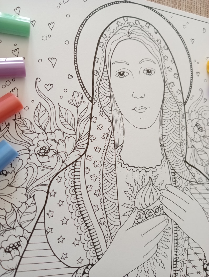 Immaculate Heart of Mary Coloring page for adults Instant download JPG ...