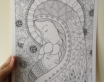 Virgin Mary With the Baby Jesus Coloring Page for Adults JPG | Etsy
