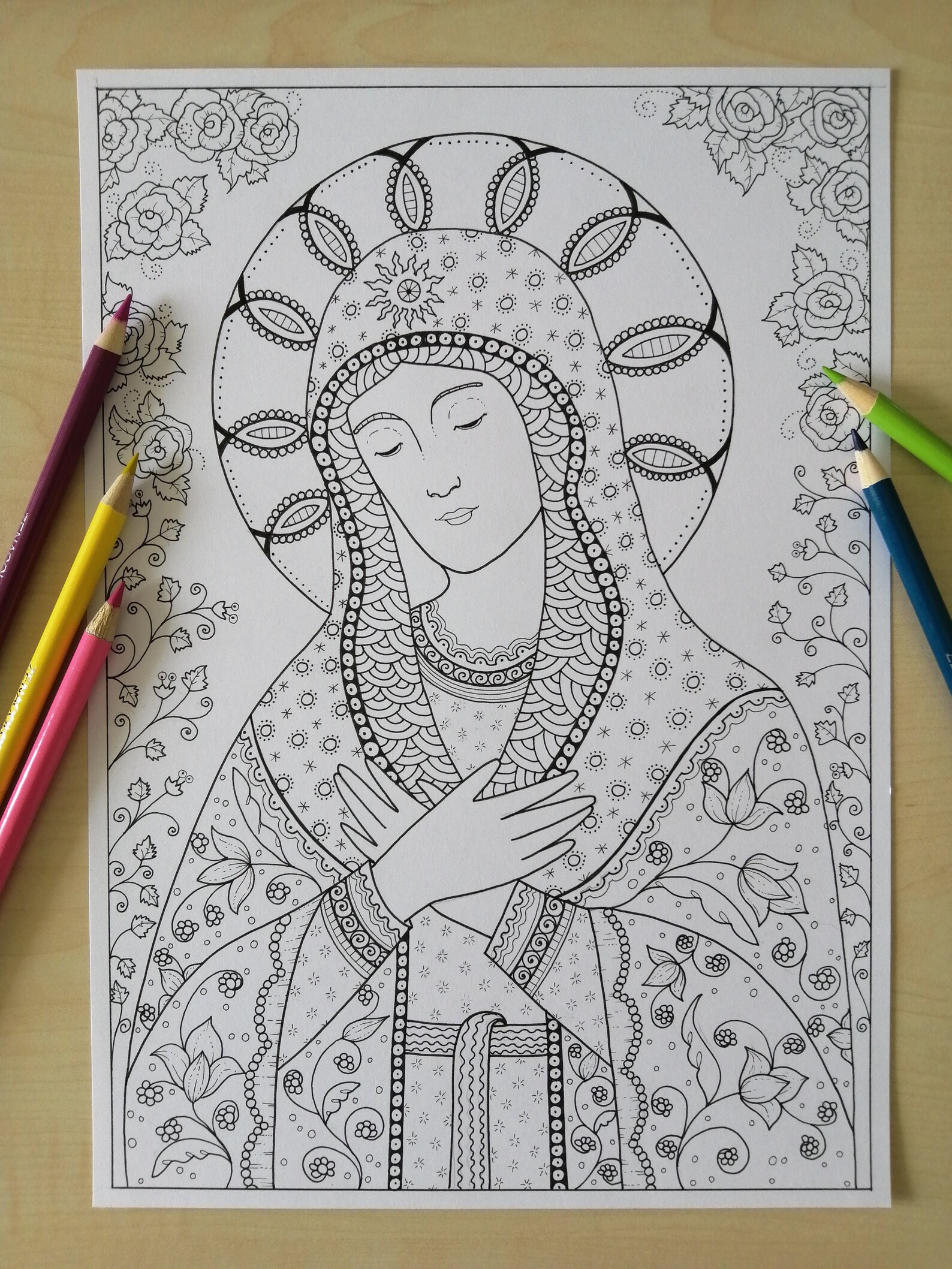 Virgin Mary Coloring Page for Adults, JPG Printable, Zentangle, Instant ...